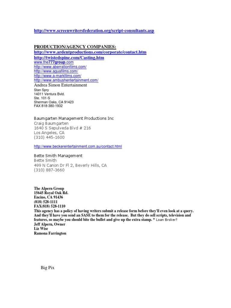 Script Consultancy Contacts | PDF