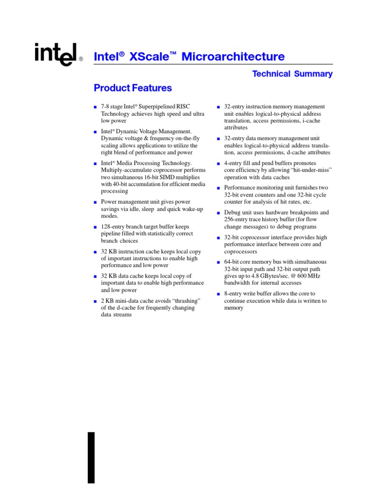 Intel Xscale Microarchitecture: Product Features | PDF | Arm Architecture | Cpu Cache