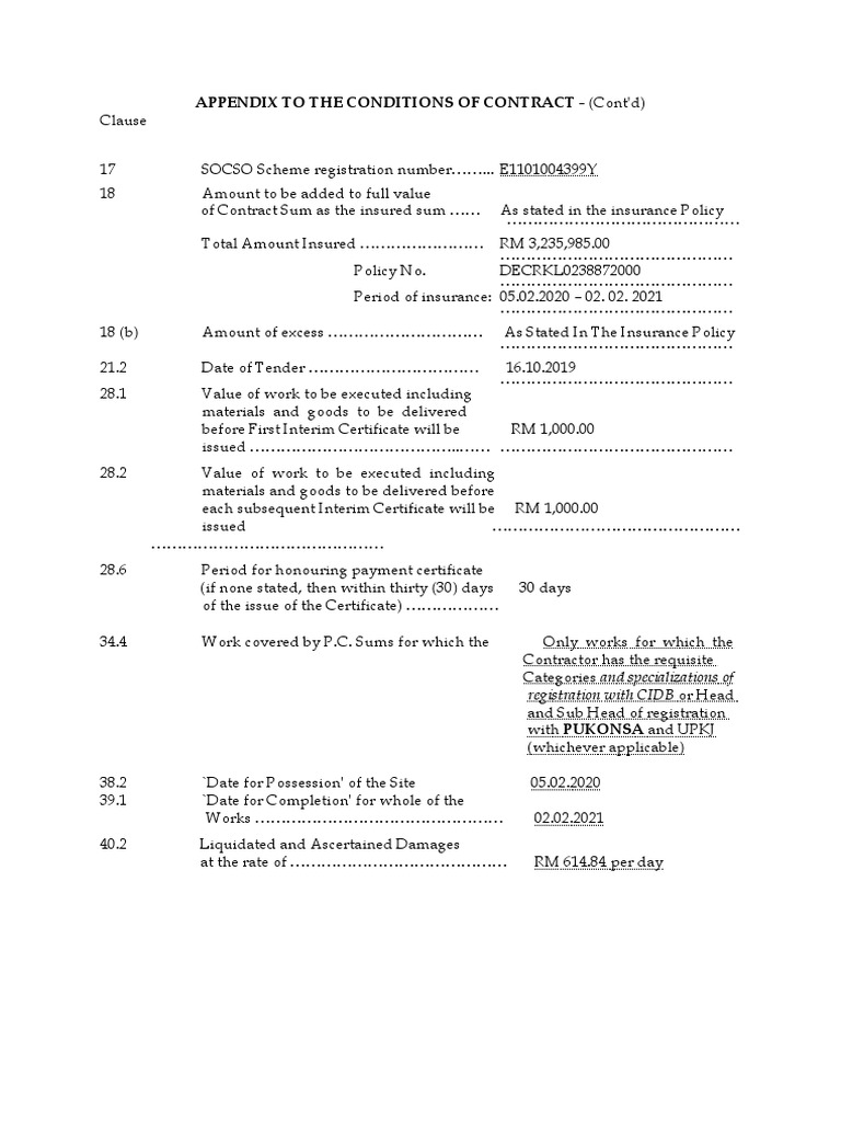 Appendix To The Conditions of Contract | PDF | Contract Law | Insurance