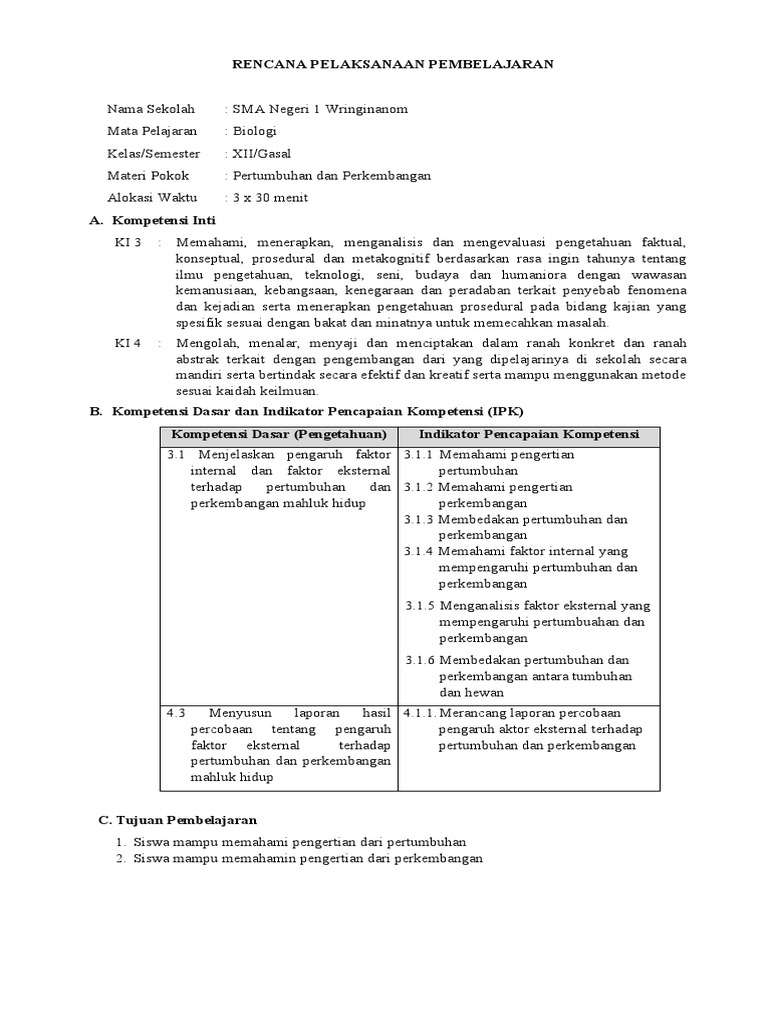 RPP Pertumbuhan Dan Perkembangan 3 | PDF