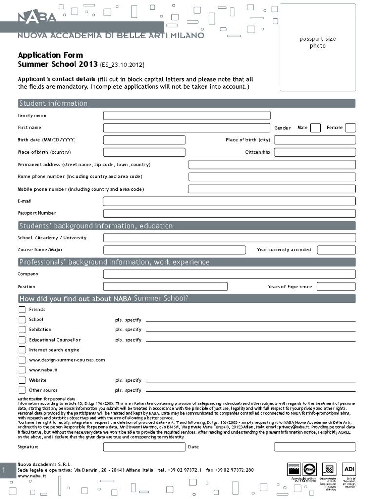 NABA Summer 2013 Application-Form | PDF | Travel Visa | Fee