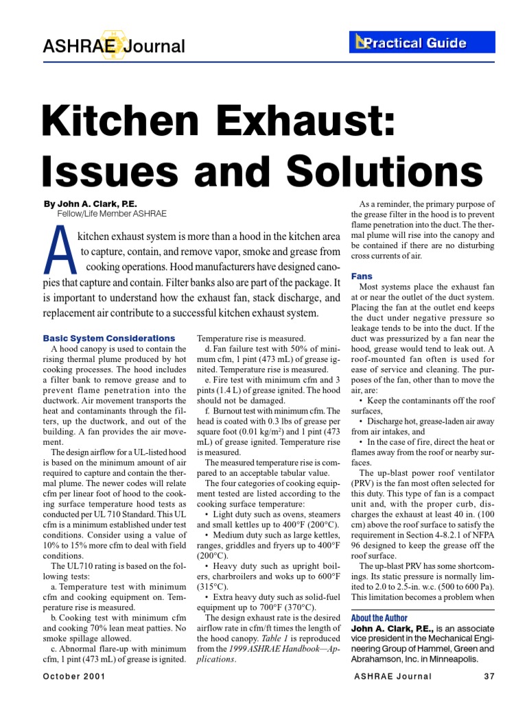 Kitchen Exhaust: Issues and Solutions: ASHRAE Journal | PDF | Duct ...