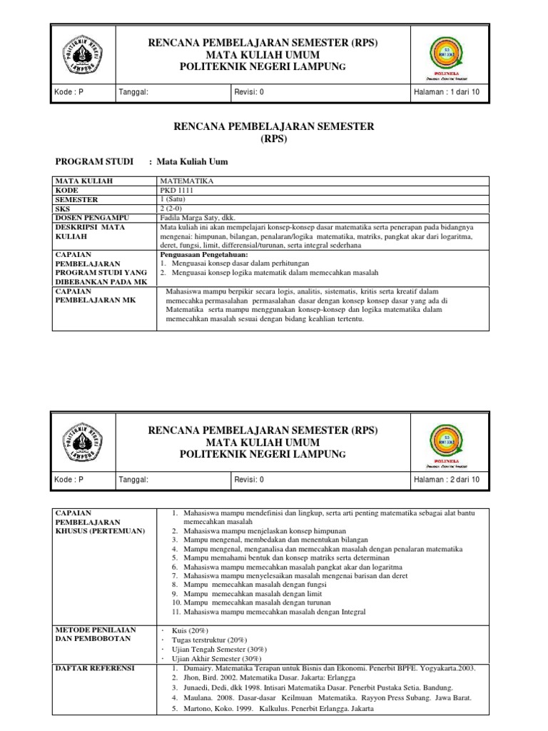 RPS Matematika | PDF | Metode & Bahan Ajar | Seni