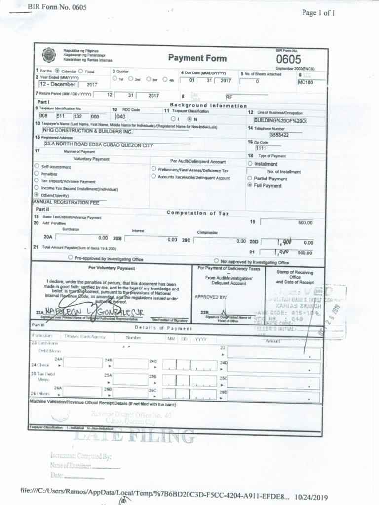 BIR Form 0605 - 2017 PDF | PDF