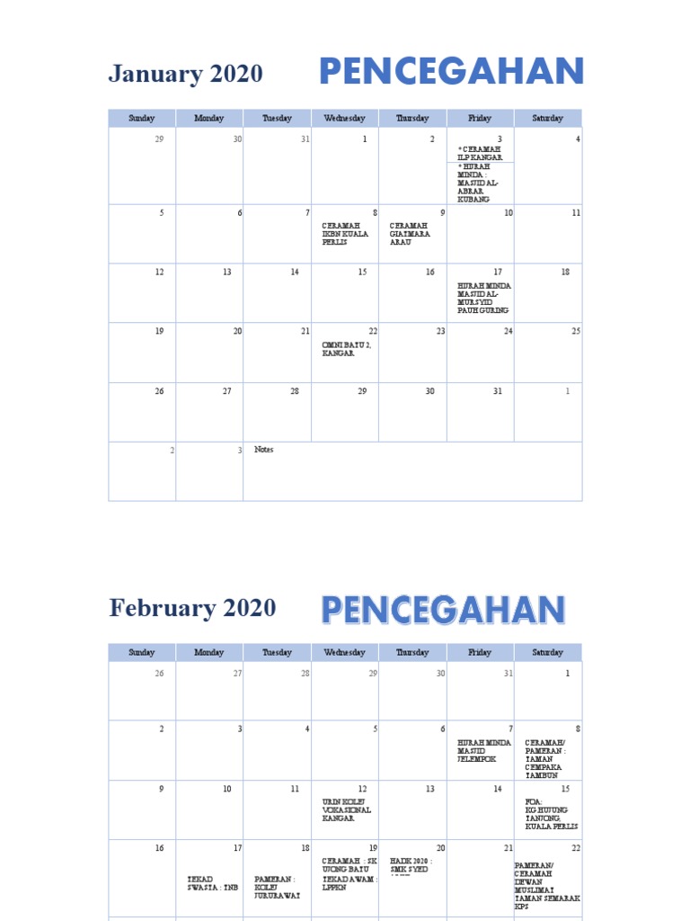 2020 Event Calendar and Notes | PDF