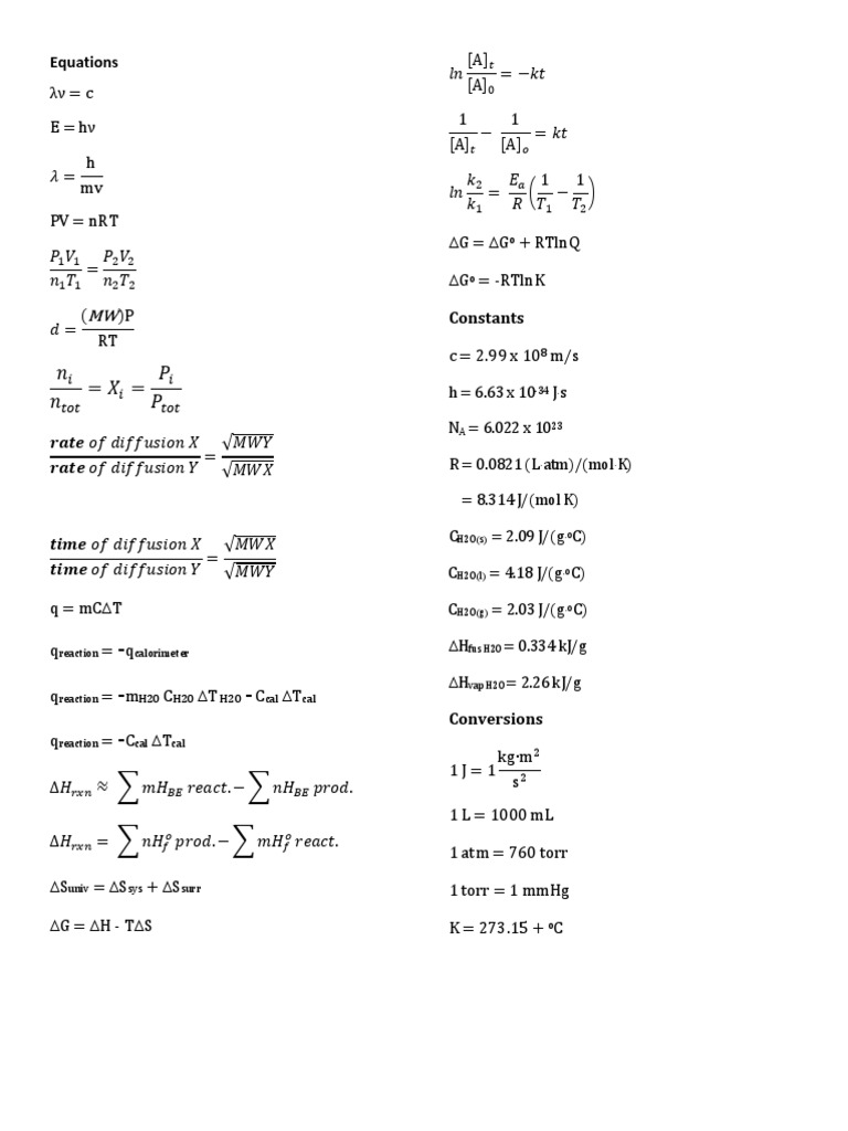 Final Exam Equations, Constants and Tables | PDF | Physics | Applied ...