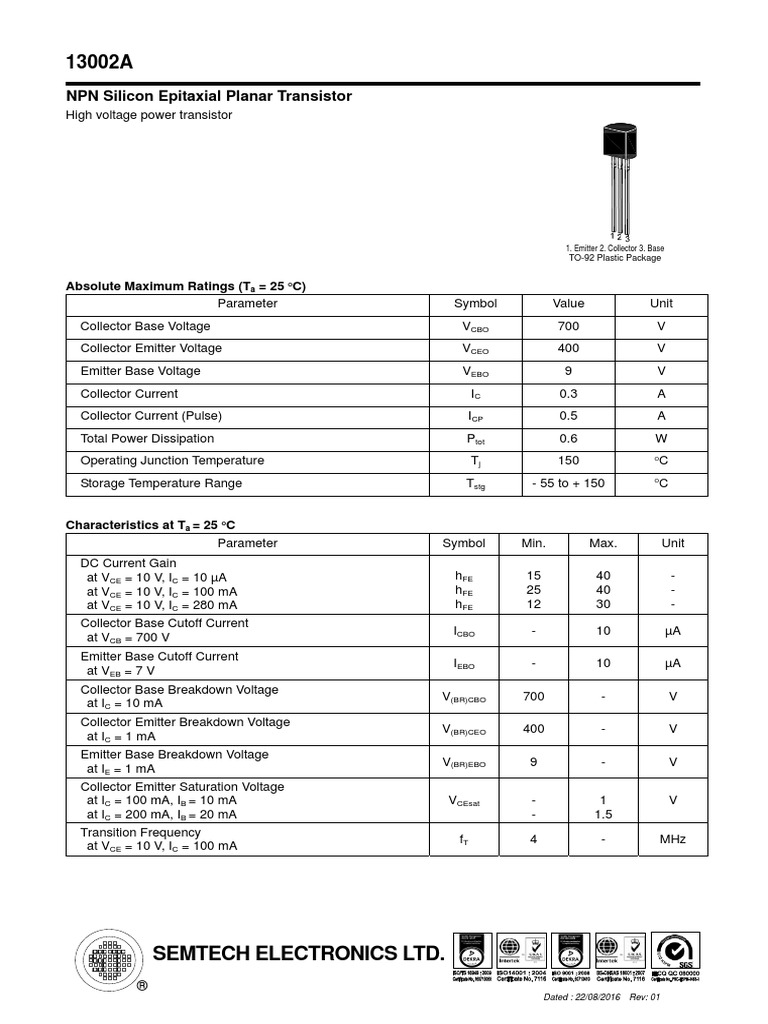 13002A NPN | PDF | Bipolar Junction Transistor | Semiconductor Devices