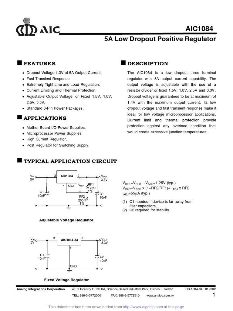 Aic1084-33ce Regulador 3.3 | PDF | Power Supply | Electronics