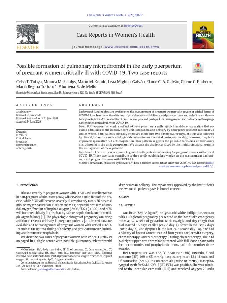 Possible Formation of Pulmonary Microthrombi in The Early Puerperium ...