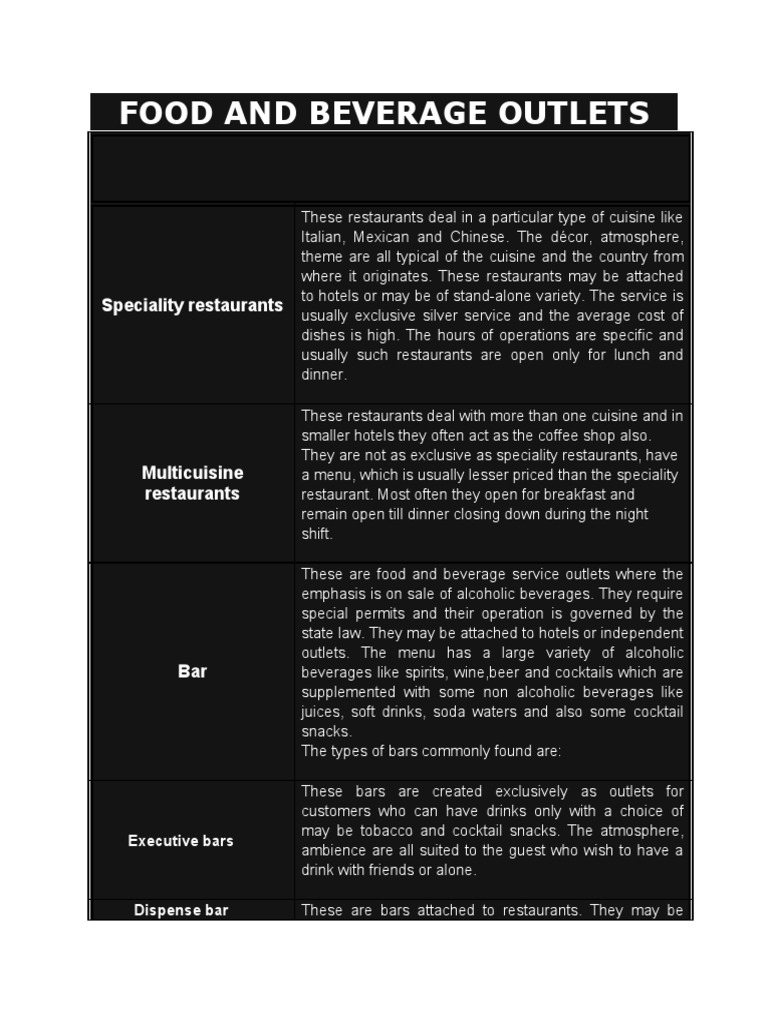 Food and Beverage Outlets | PDF | Bar | Restaurants