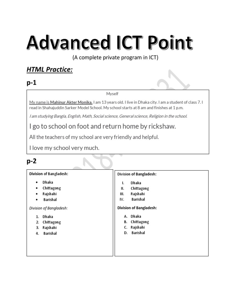 HTML Practice:: I Go To School On Foot and Return Home by Rickshaw | PDF