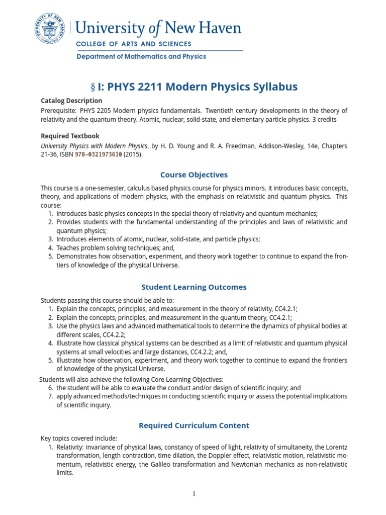 I: PHYS 2211 Modern Physics Syllabus: Course Objectives | PDF | Quantum ...
