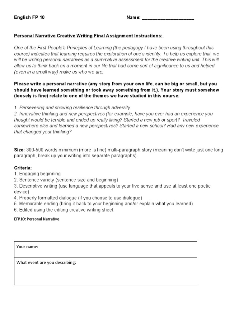 Personal Narrative Assignment Outline and Rubric | PDF | Narrative | Syntax