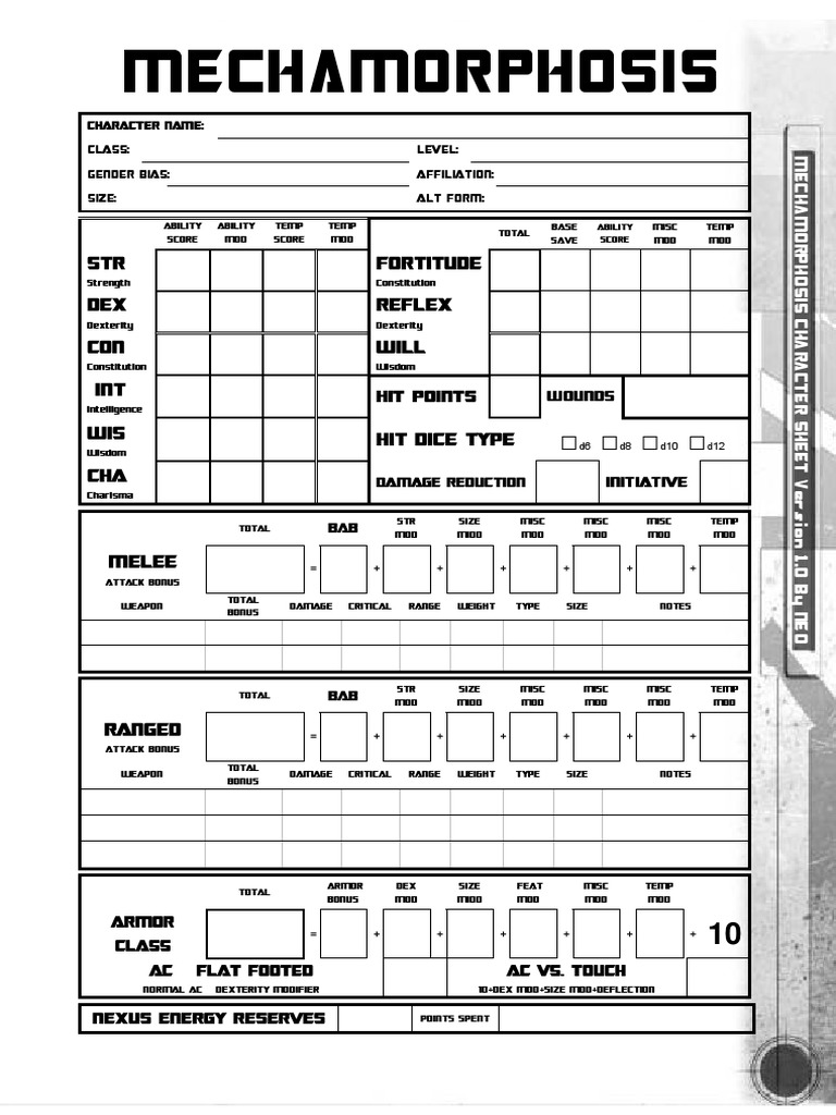MechaMorphosis Character Sheet PDF | PDF | Weaponry | Leisure
