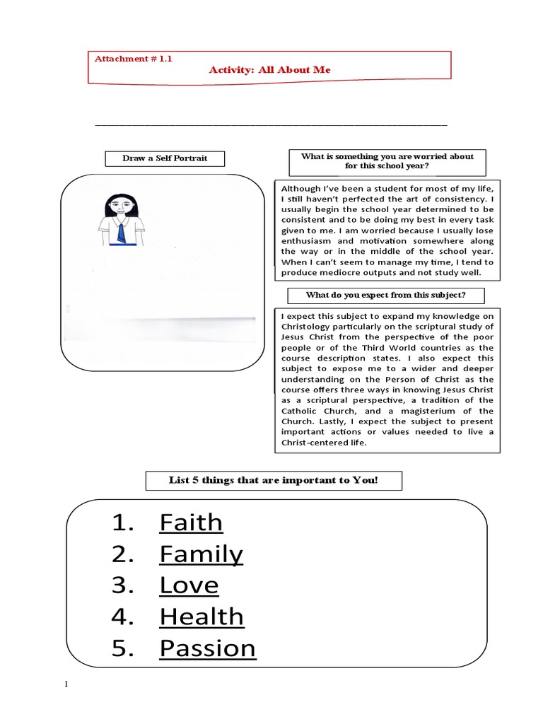 Faith 2. Family 3. Love 4. Health 5. Passion: Activity: All About Me ...