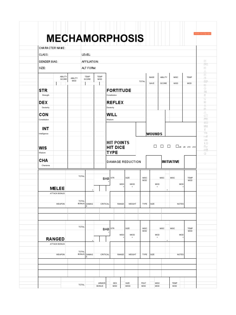 MechaMorphosis Character Sheet PDF | PDF | Role Playing Games | Gaming