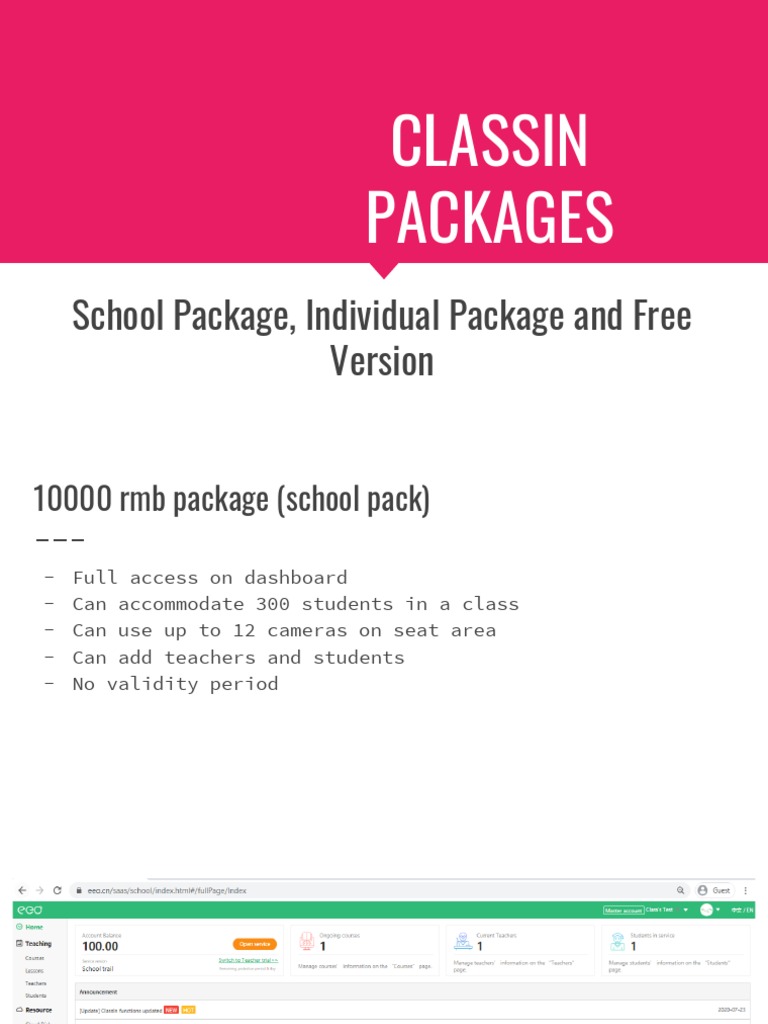 Classin Packages: School Package, Individual Package and Free | PDF ...