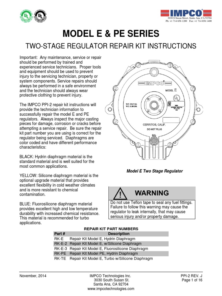 Model E & Pe Series: Two-Stage Regulator Repair Kit Instructions | PDF ...