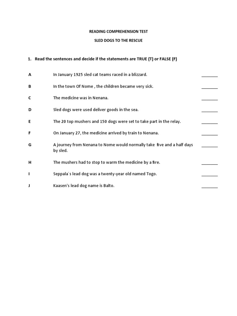 Reading Comprehension Test | PDF | Sledding | Subspecies Of Canis Lupus