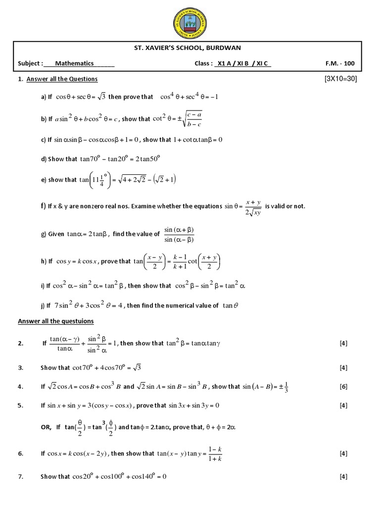 St. Xavier'S School, Burdwan: C B A C B A C | PDF | Trigonometric ...