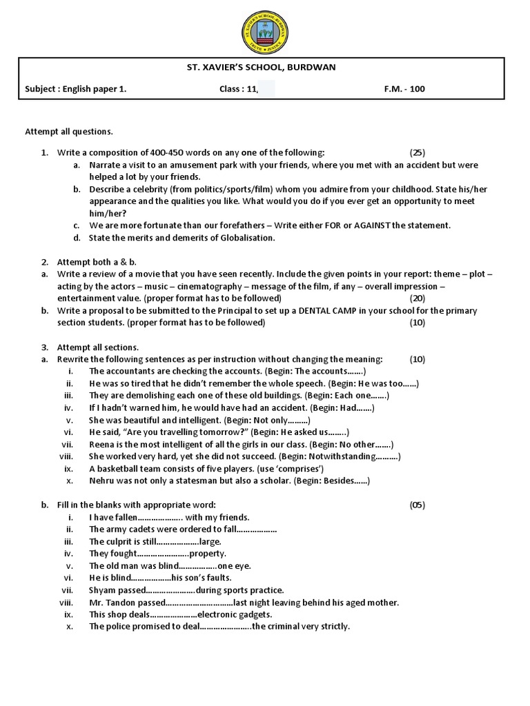 St. Xavier'S School, Burdwan: Subject: English Paper 1. Class: 11/A F.M ...