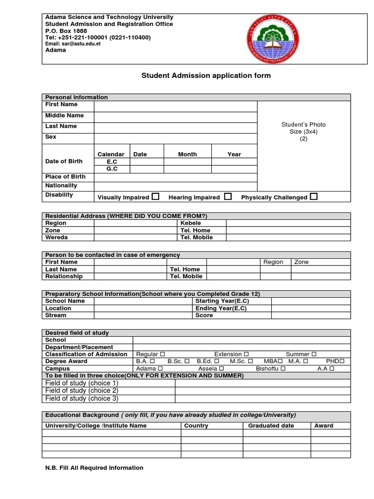 Student Admission Application Form: Email: Sar@astu - Edu.et | PDF | Learning
