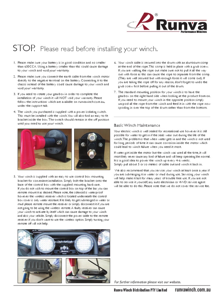 Runva Winch Installation Guidelines | PDF | Manufactured Goods | Equipment