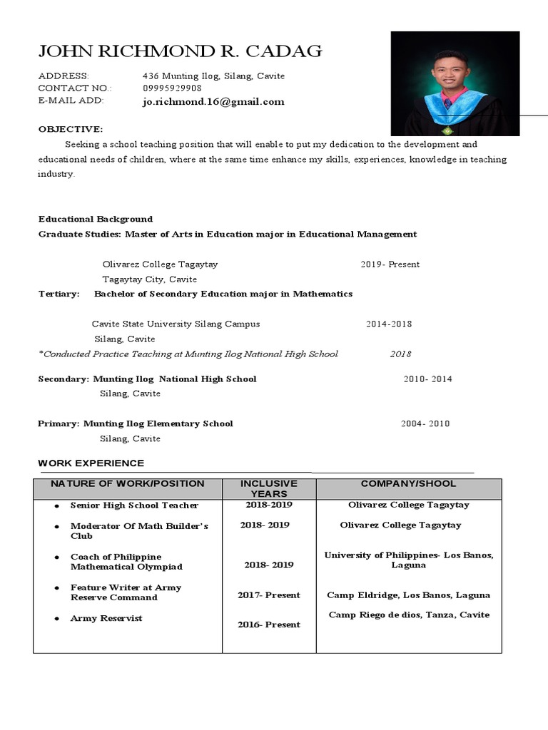 2018 CURRICULUM VITAE Mr. Cadag | PDF | Behavior Modification | Learning