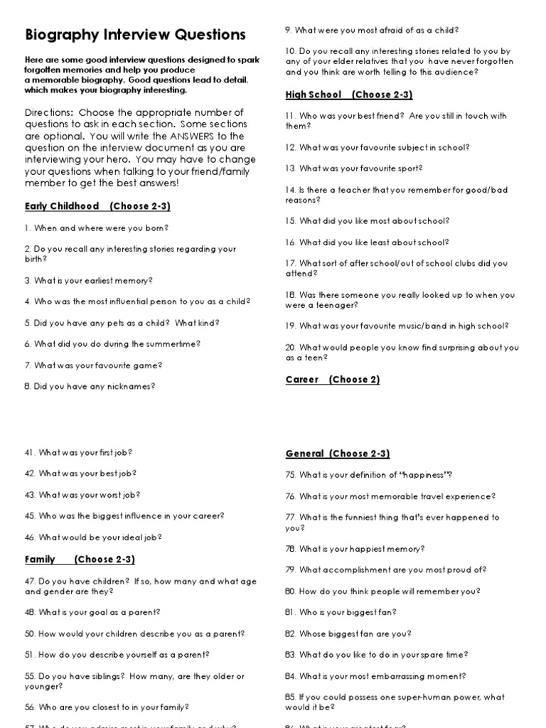 Biography Interview Questions: High School (Choose 2-3) | PDF ...