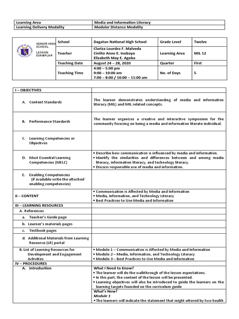 Senior High School Lesson Examplar | PDF | Information Literacy | Literacy