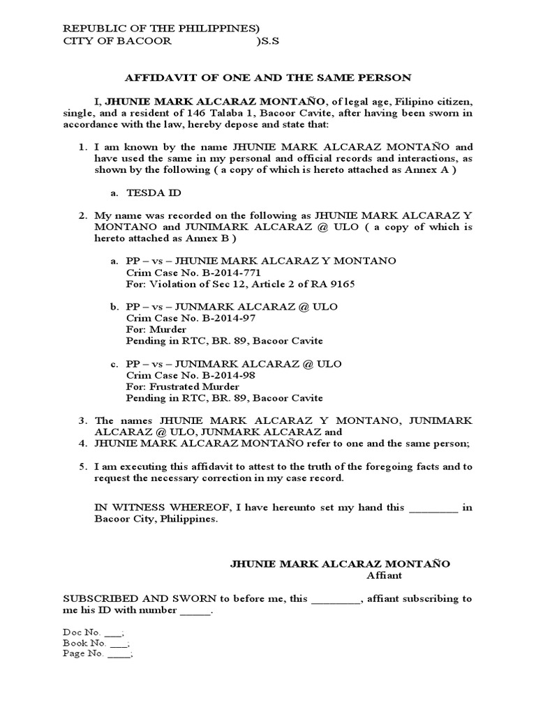 Affidavit of One and The Same Person | PDF