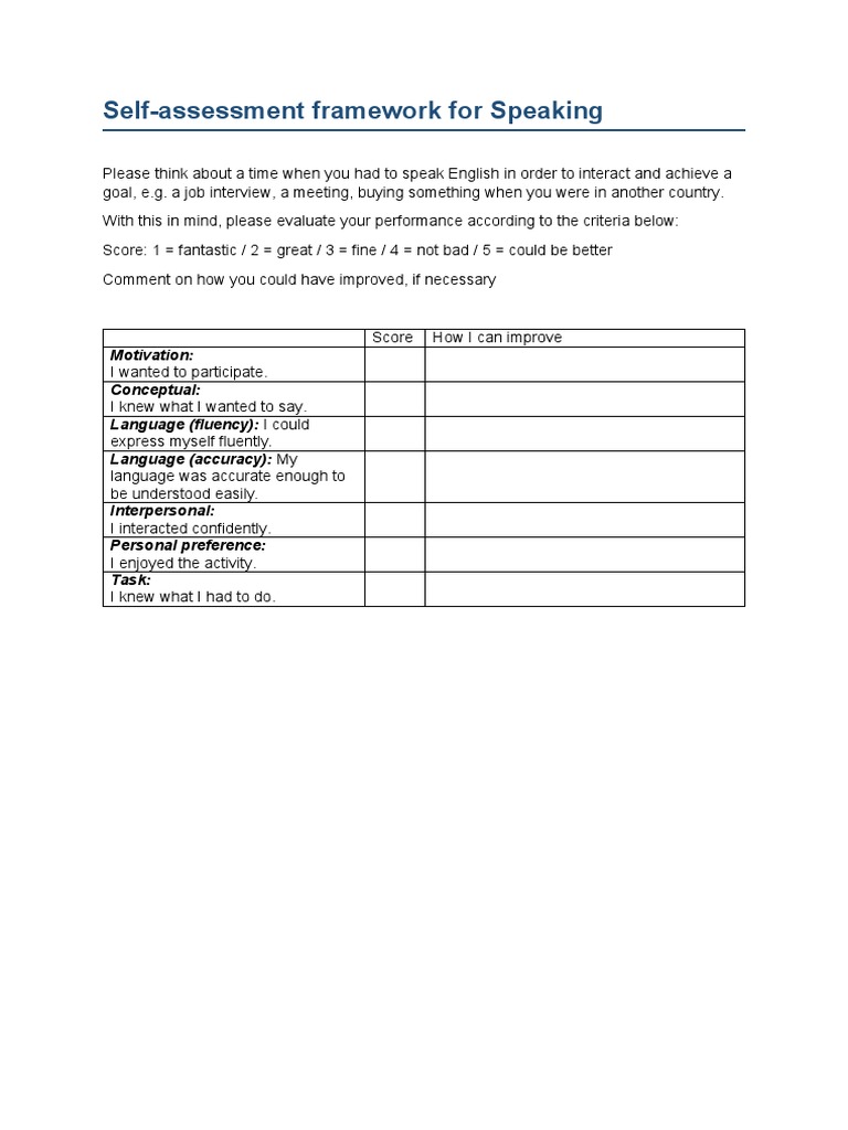 Self-Assessment Framework For Speaking | PDF