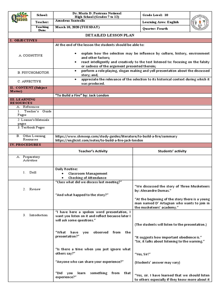 Detailed Lesson Plan: A. Cognitive | PDF | Lesson Plan | Teachers
