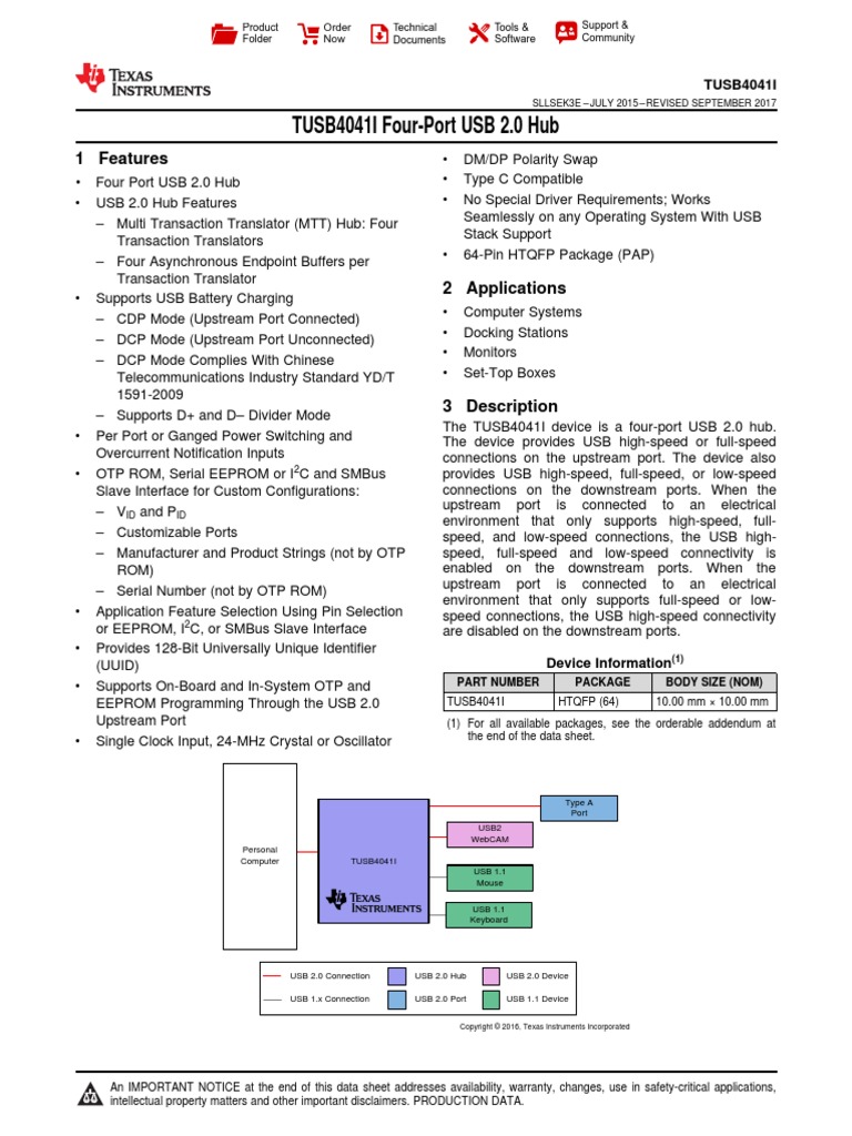 TUSB4041I Four-Port USB 2.0 Hub: 1 Features | PDF | Usb | Digital Electronics