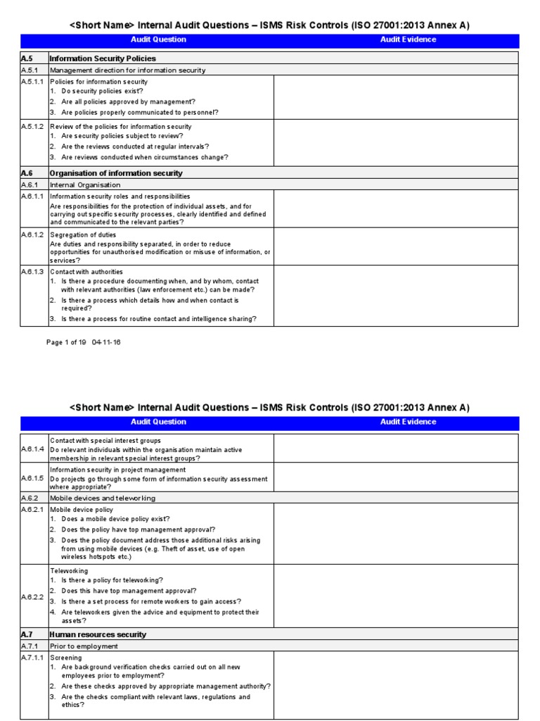 Internal Audit Checklist Questions - ISMS Controls | PDF | Information ...