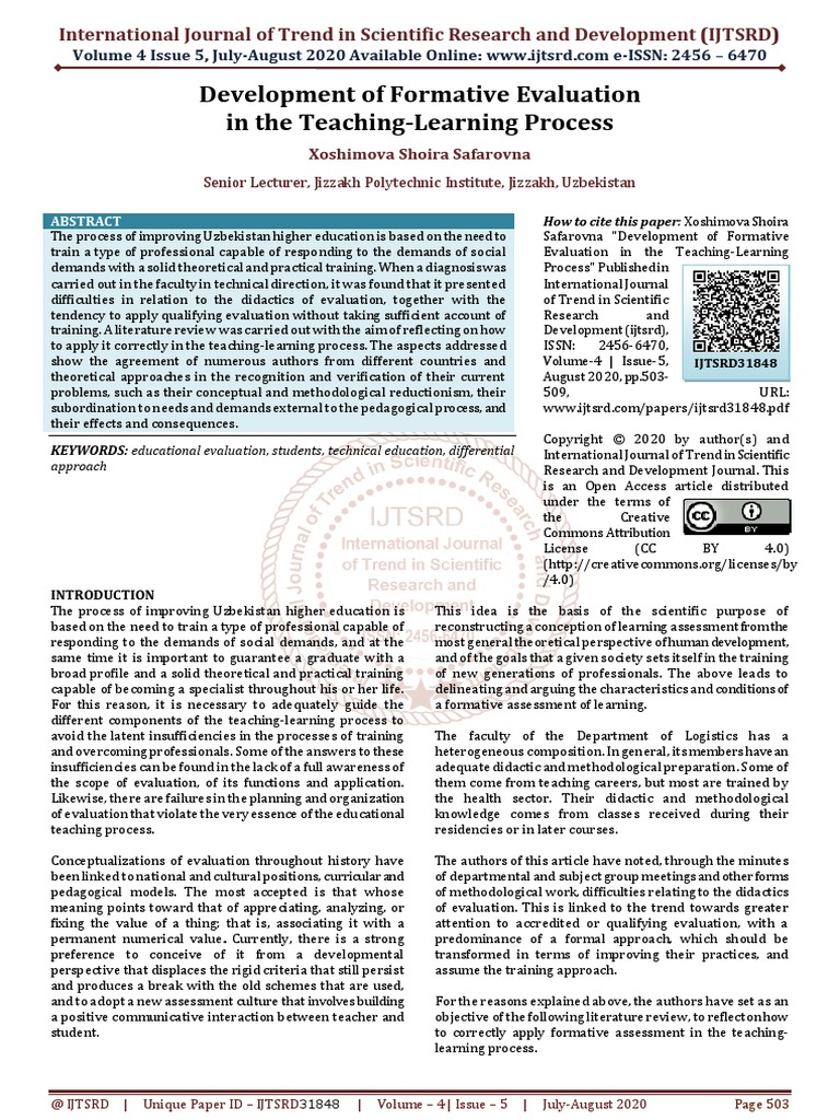 Development of Formative Evaluation in The Teaching Learning Process ...