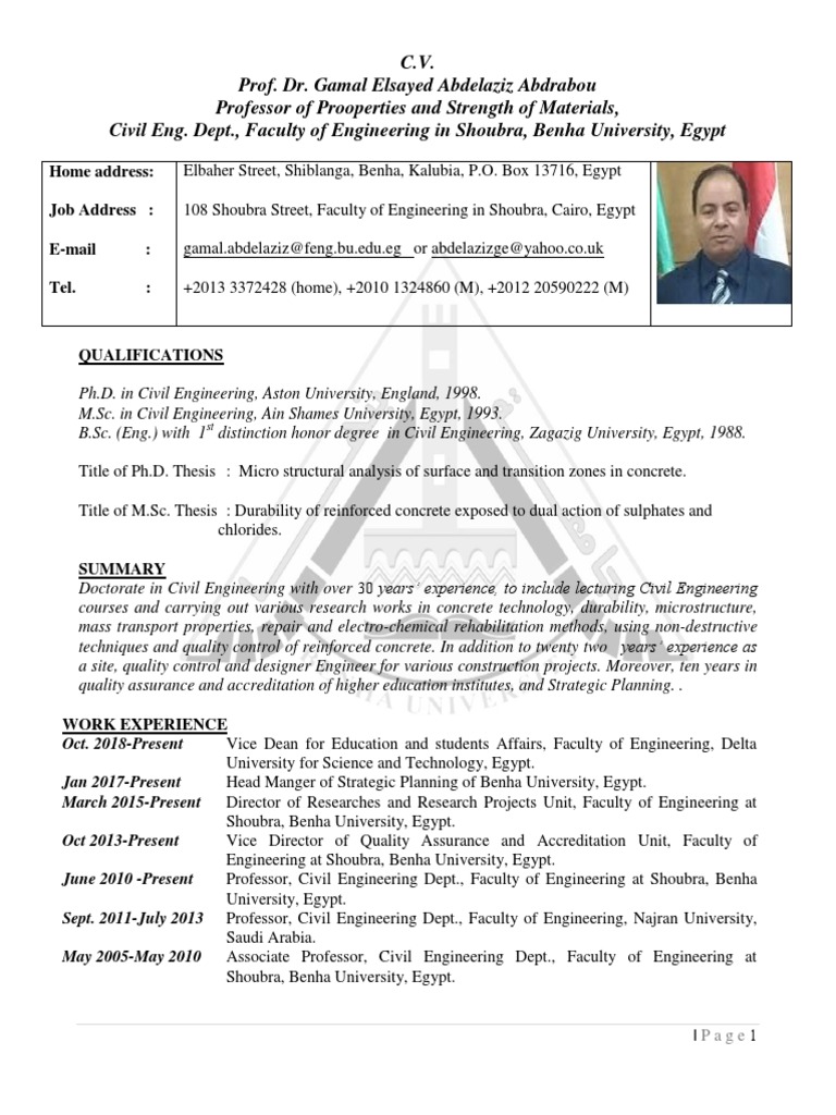 Detailed CV of Prof Gamal Abdelaziz Feb2016 | PDF | Concrete | Cement