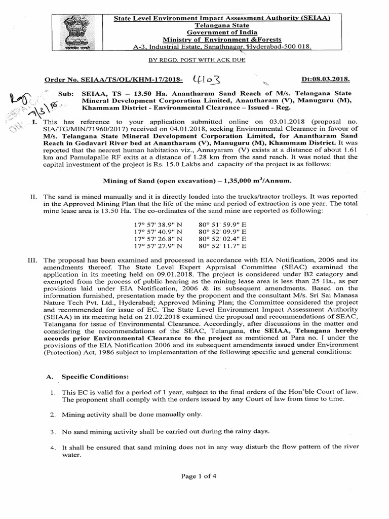 13.50 Ha. Anantharam Sand Reach of TSMDC, Anantharam (V), Manuguru (M), KHM Dist. - EC Order | PDF