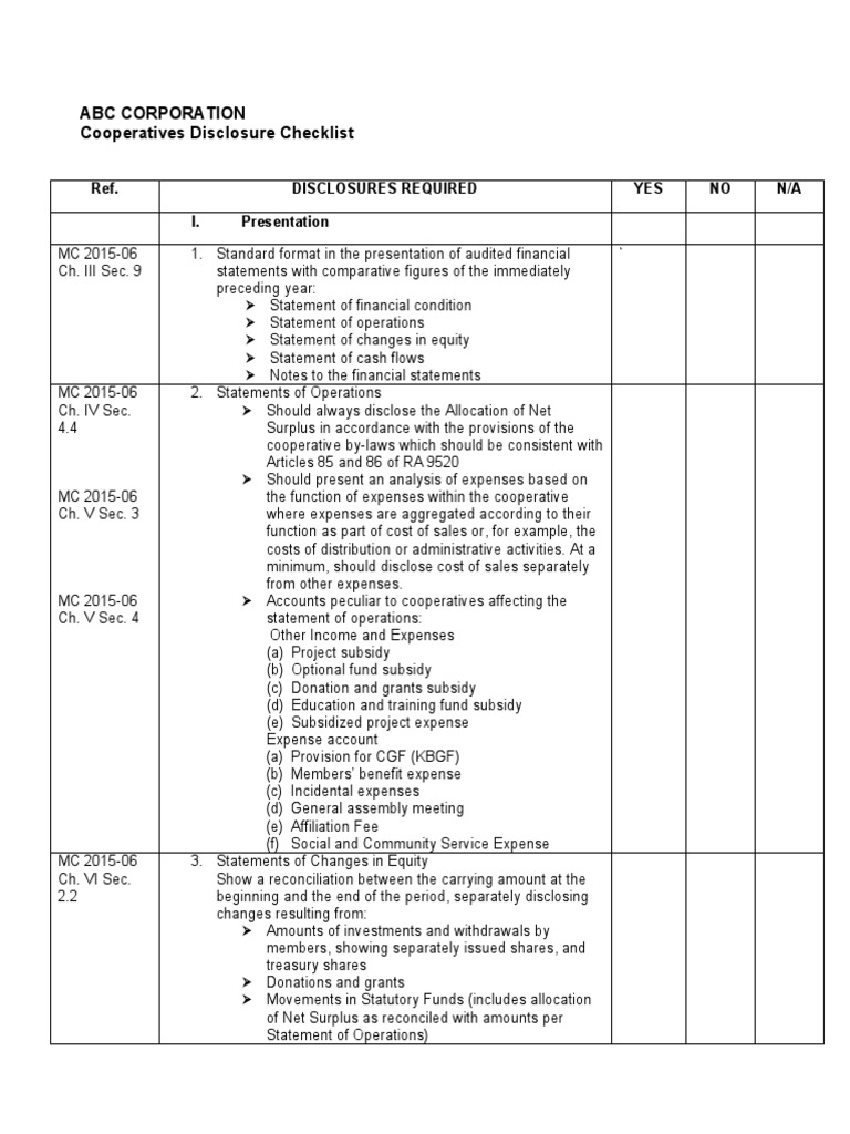 Disclosures Checklist For Cooperatives. | PDF | Dividend | Equity (Finance)