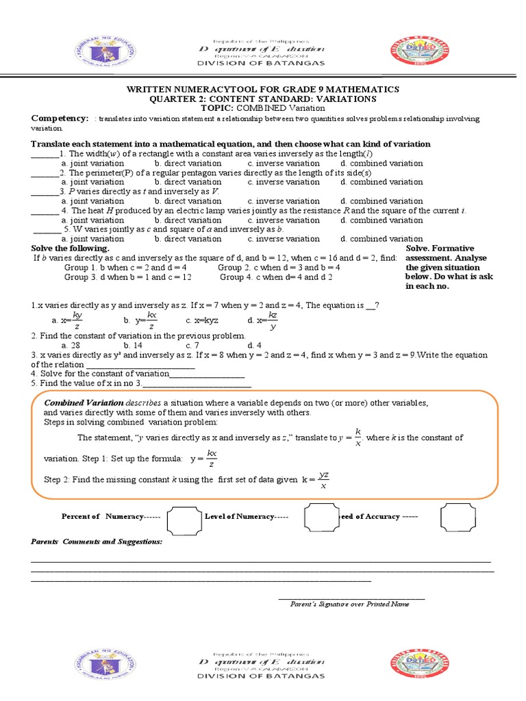 Grade 9 Math: Variation Problems | PDF | Variable (Mathematics) | Area