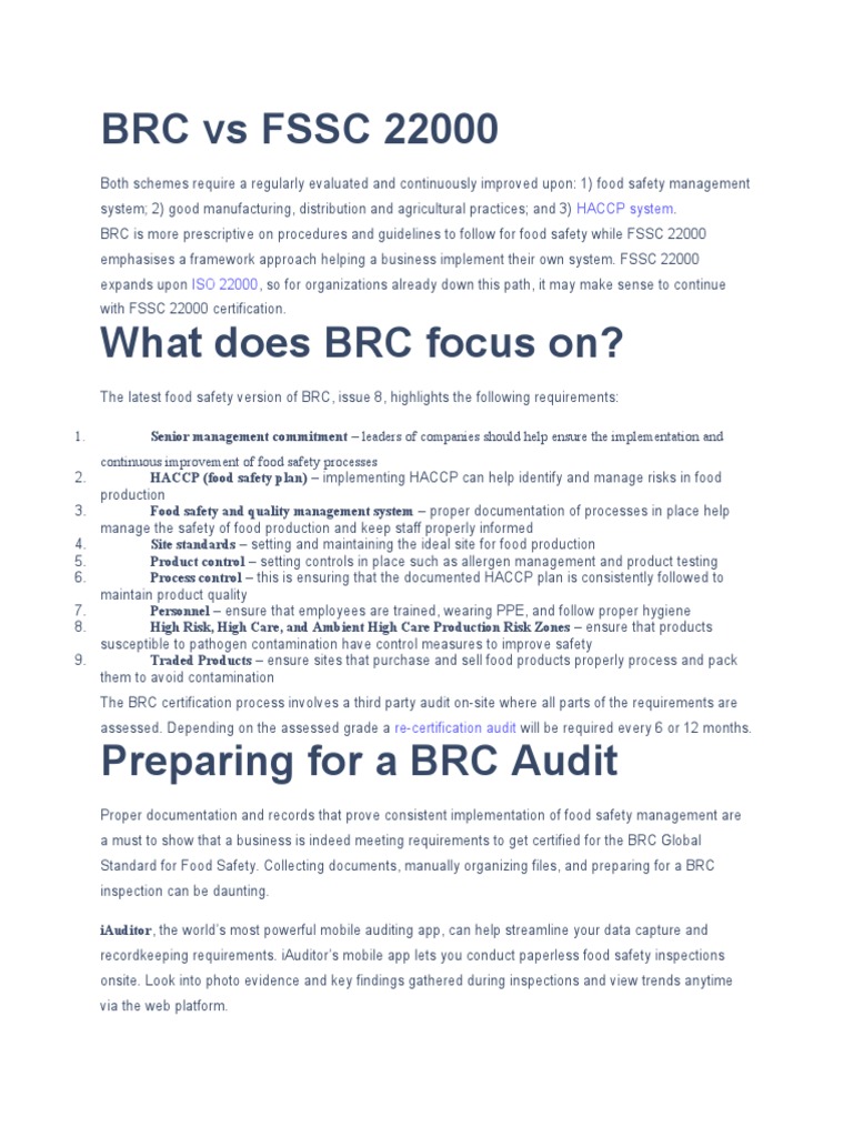 BRC Vs FSSC 22000: HACCP System | PDF | Food Safety | Hazard Analysis ...