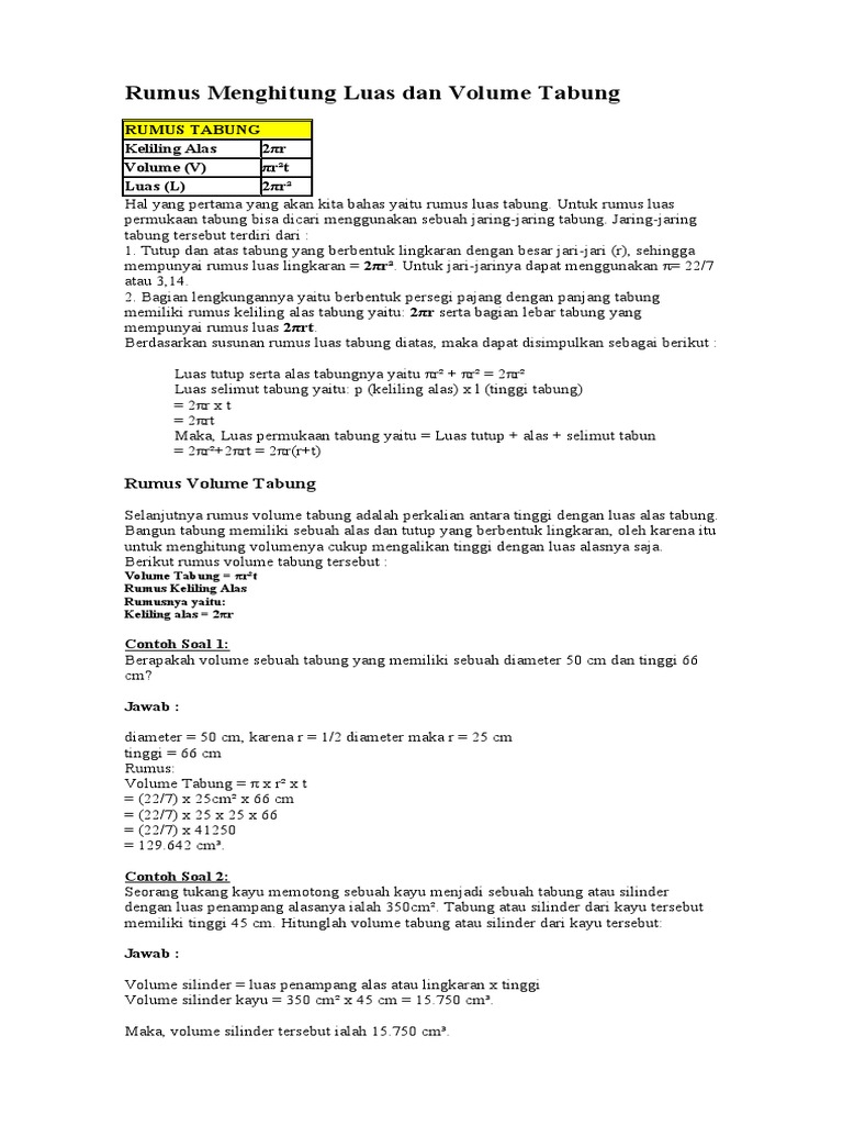Rumus Menghitung Luas Dan Volume Tabung | PDF