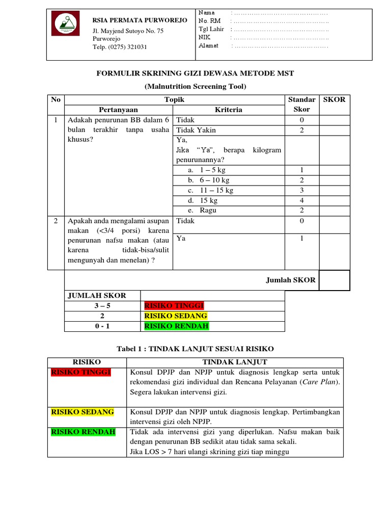 FORMULIR SKRINING GIZI DEWASA METODE MST Rev by MTH | PDF