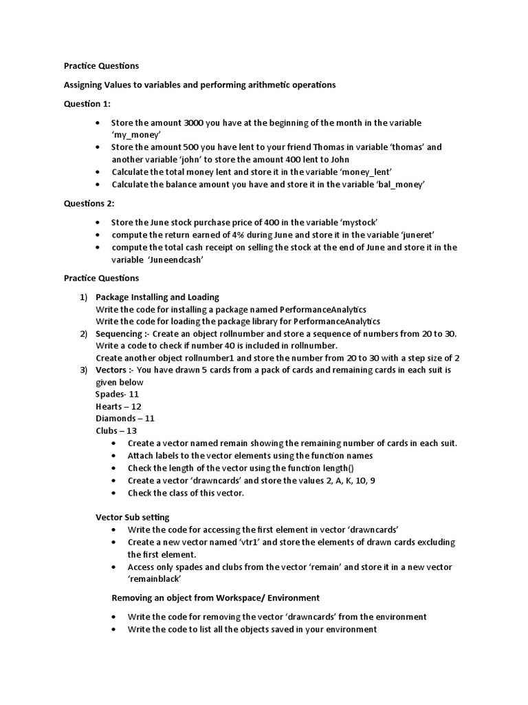 Practice Questions Assigning Values To Variables and Performing Arithmetic Operations | Download ...
