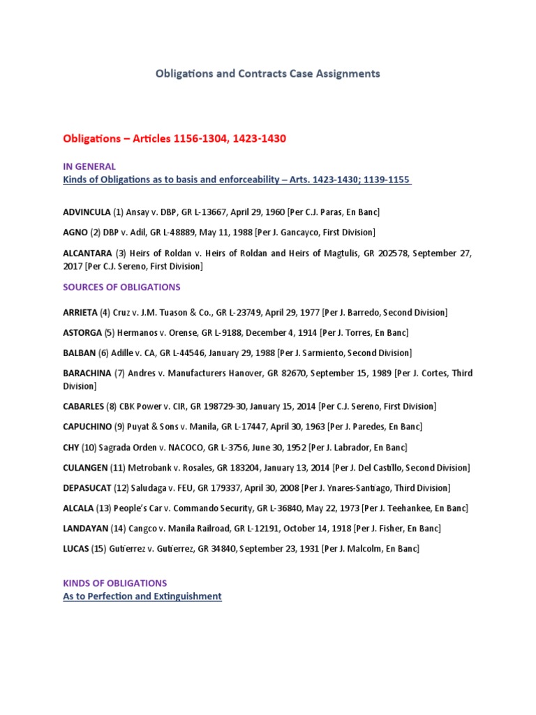 Obligations - Articles 1156-1304, 1423-1430: Obligations and Contracts Case Assignments | PDF ...