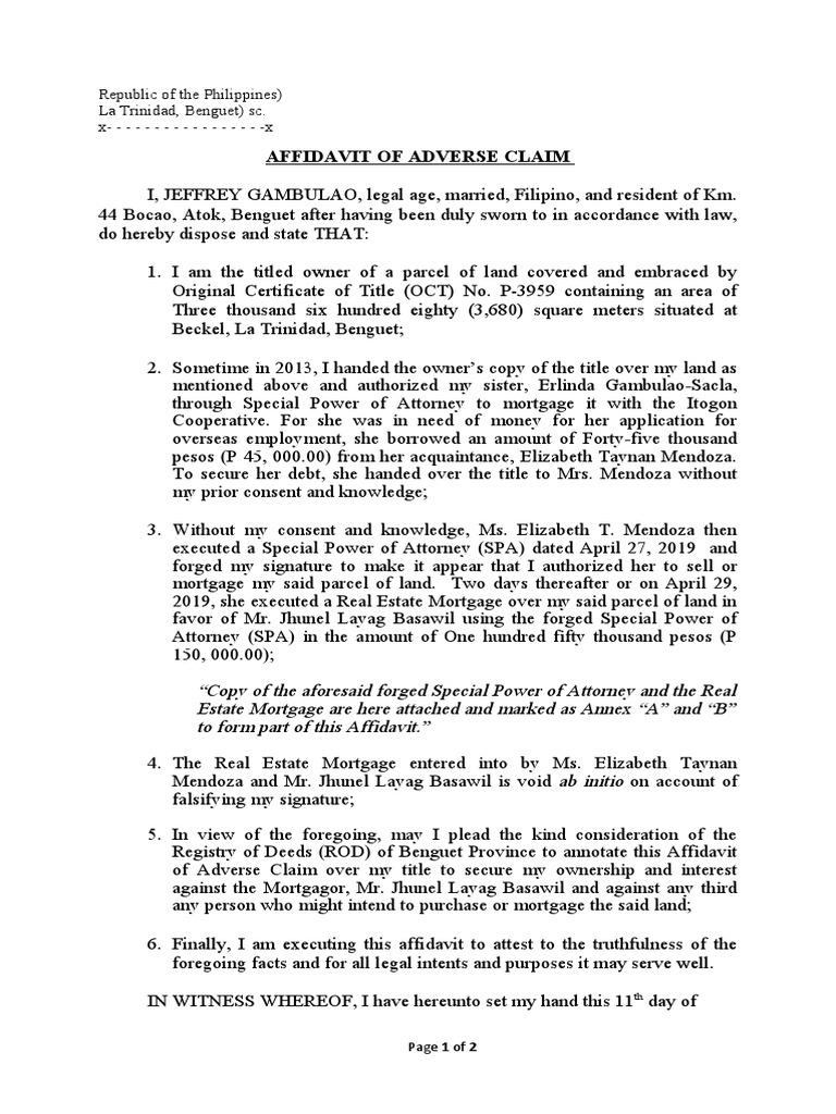 Affidavit of Adverse Claim. Jeffrey Gambulao | PDF | Affidavit | Property