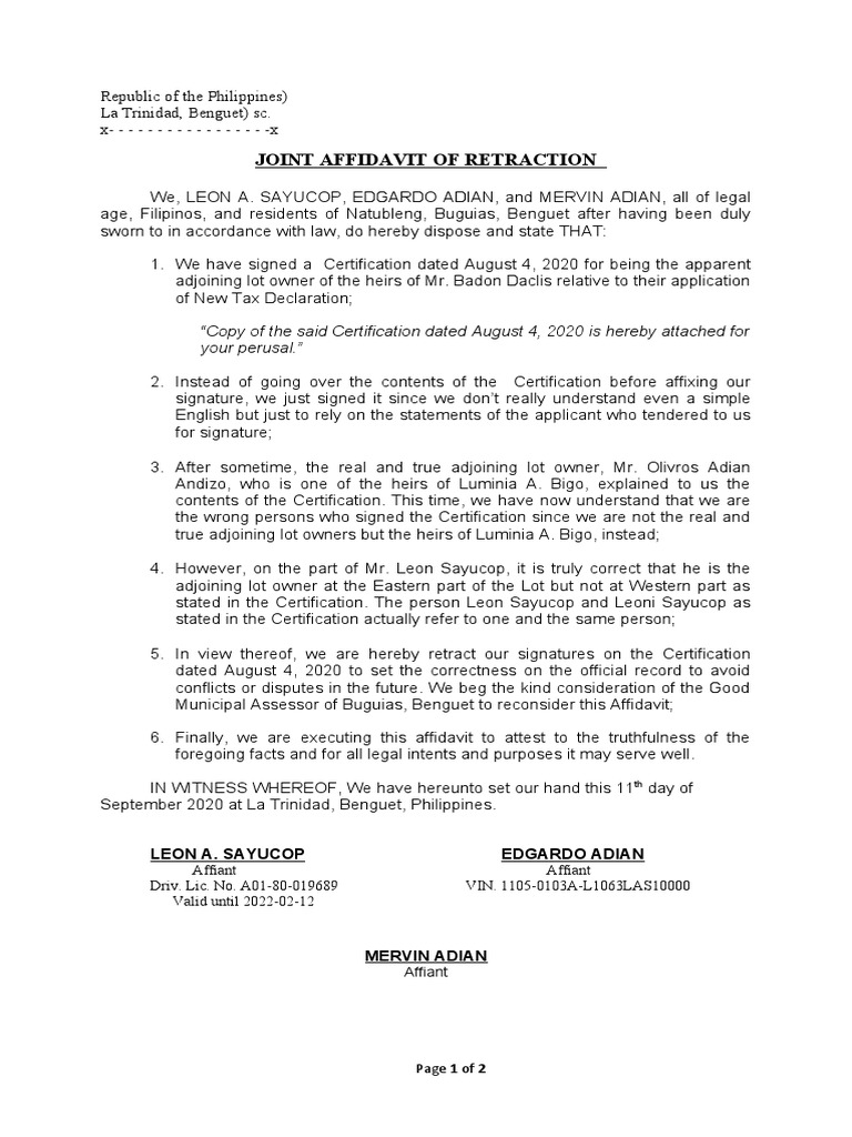 Affidavit of Retraction. Adian Et Al | PDF | Affidavit | Civil Law ...