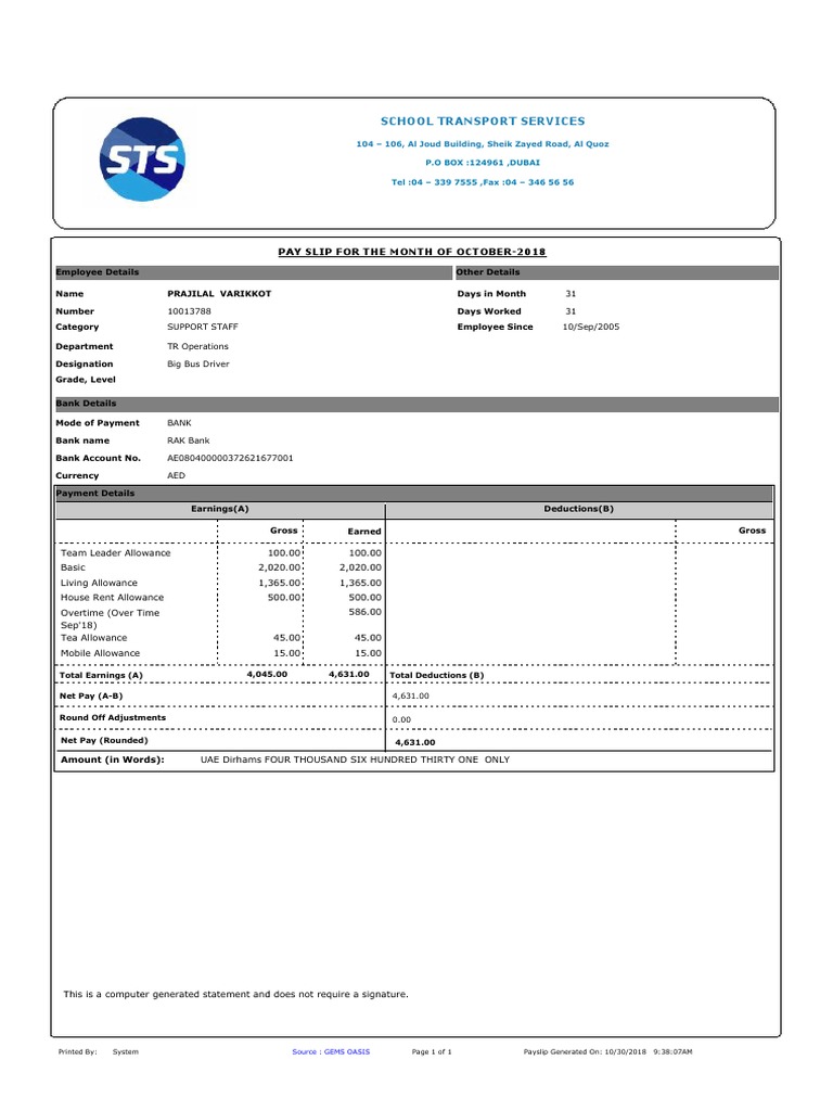 Pay Slip For The Month of October-2018: School Transport Services | PDF ...