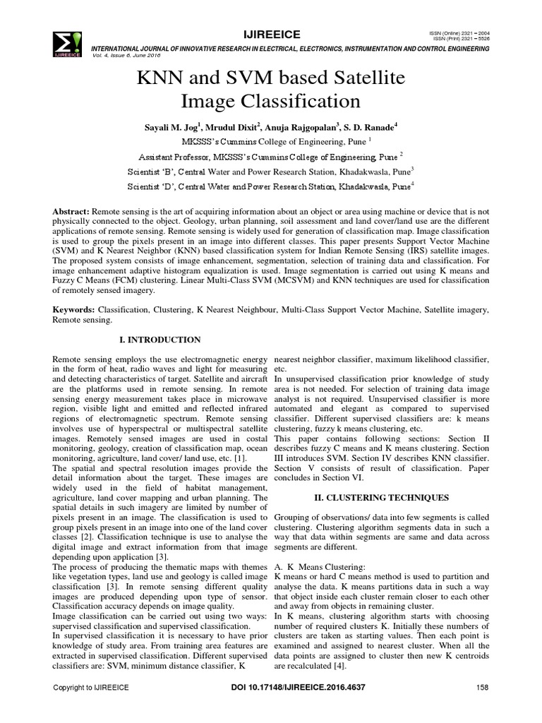 KNN and SVM Based Satellite Image Classification: Ijireeice | PDF | Statistical Classification ...