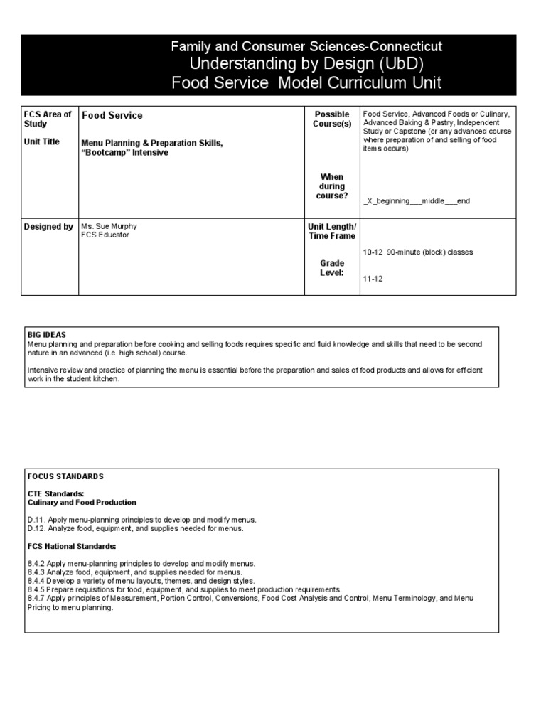 Understanding by Design (Ubd) Food Service Model Curriculum Unit | PDF ...